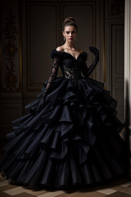 Fantasy illusion formal with ruffle edging | Amelie Baku Couture